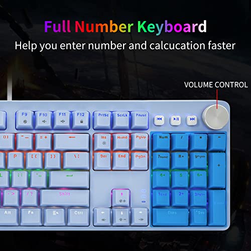 HUO JI BT-855 Mechanical Gaming Keyboard, USB Wired with Red Switches, Rainbow LED Backlit, Multimedia Keys, 108 Keys No Conflict, Blue