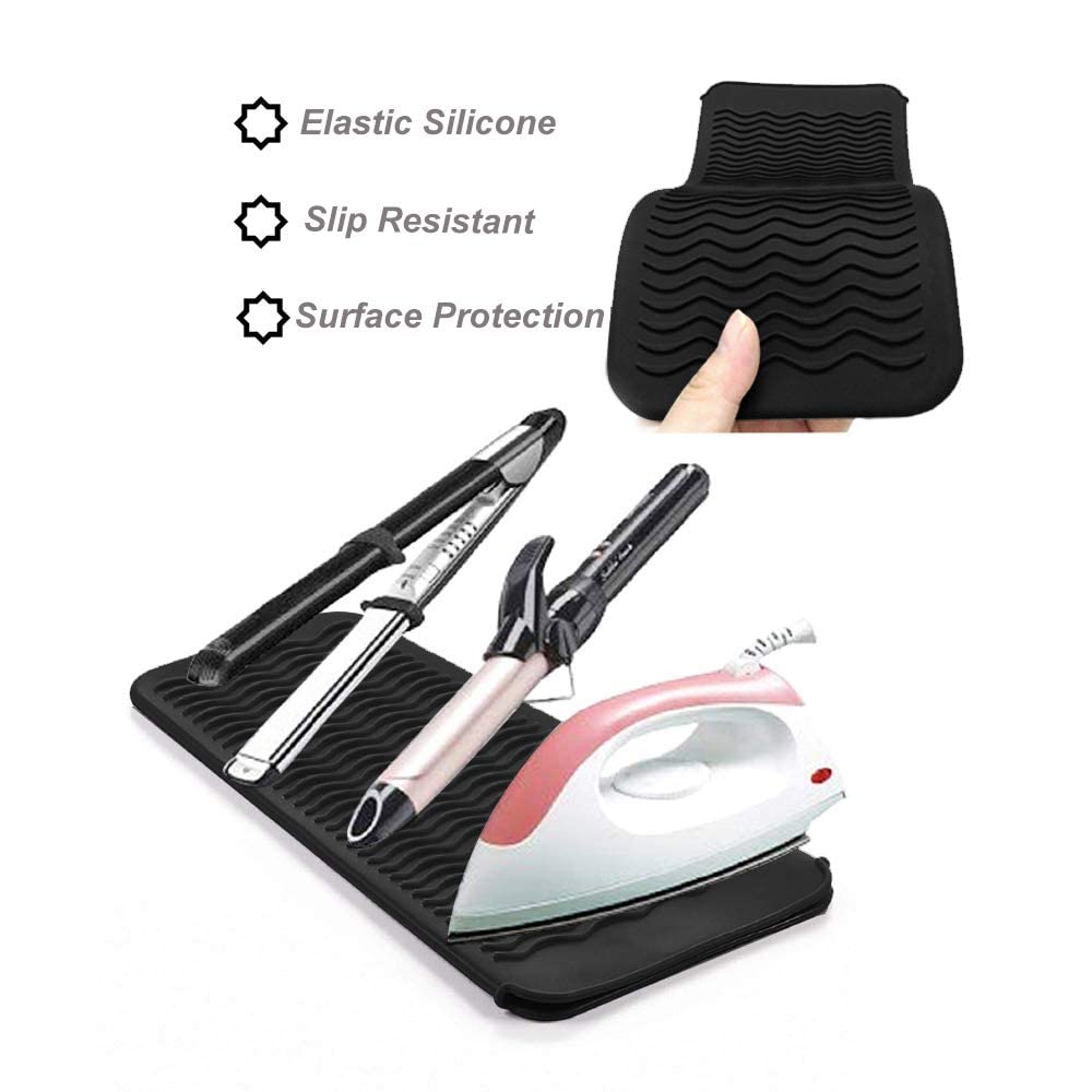 Heat Resistant Silicone Mat and Glove Set for Hair Straighteners and Flat Irons - 11" x 6" Mat, 8.7" x 5.2" Bump Glove, Black