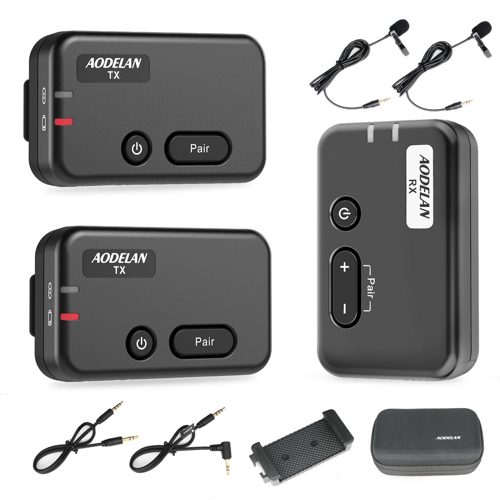 AODELAN Wireless Microphone Lavalier System with 2 Transmitters, 1 Receiver, for Cameras, Camcorders, iOS, Android Smartphones, YouTube Facebook Vlogging