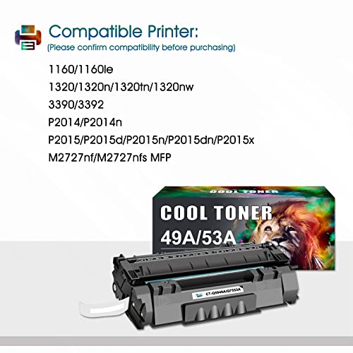 Cool Toner Compatible Q5949A Toner Cartridge Replacement for HP 49A Q5949A 49X Q5949X 53A Q7553A for HP 1320 1320n P2015 P2015dn P2014 3390 1160 P2015d 1320tn M2727nf Toner Printer (Black, 1Pack)