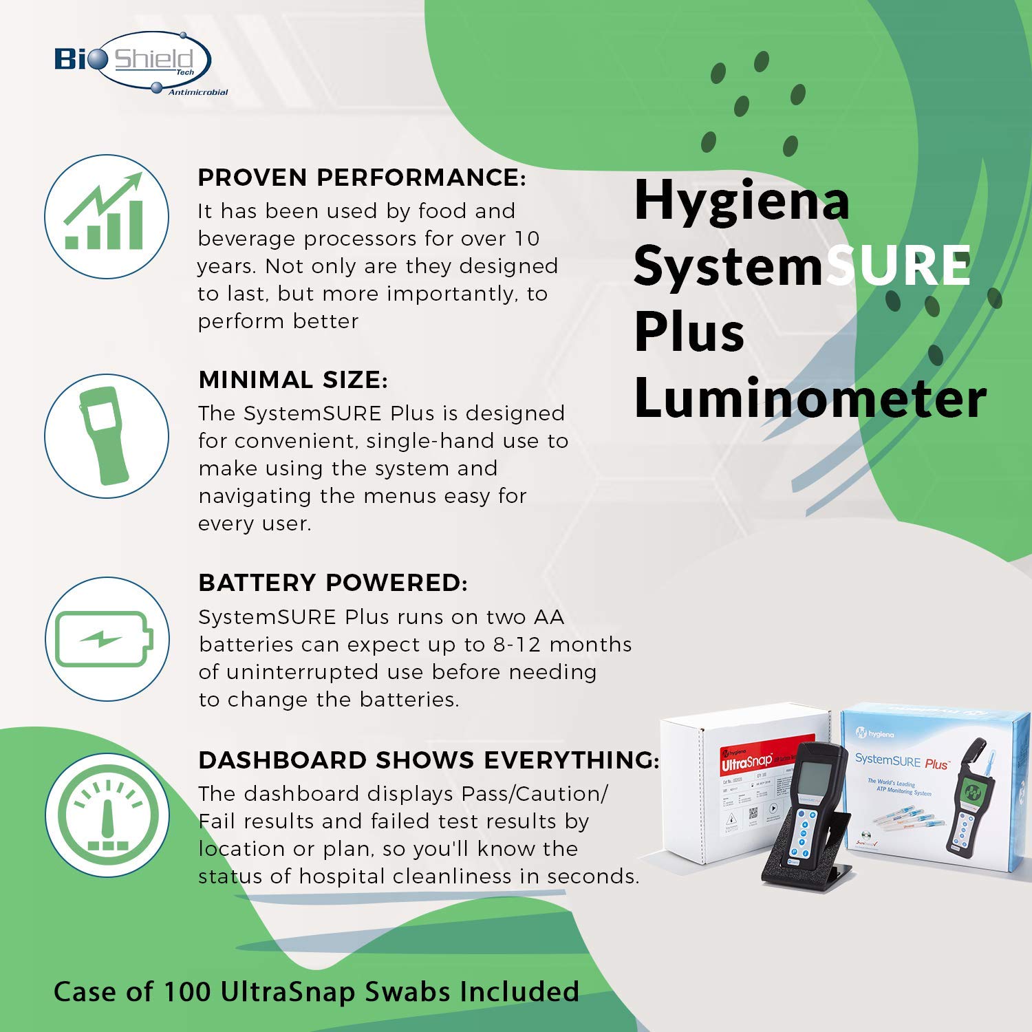 Bio Shield Tech Hygiena SystemSURE Plus Luminometer, Includes 100 UltraSnap Test Swabs Portable, ATP Bio-Contamination Testing Meter with SureTrend Software