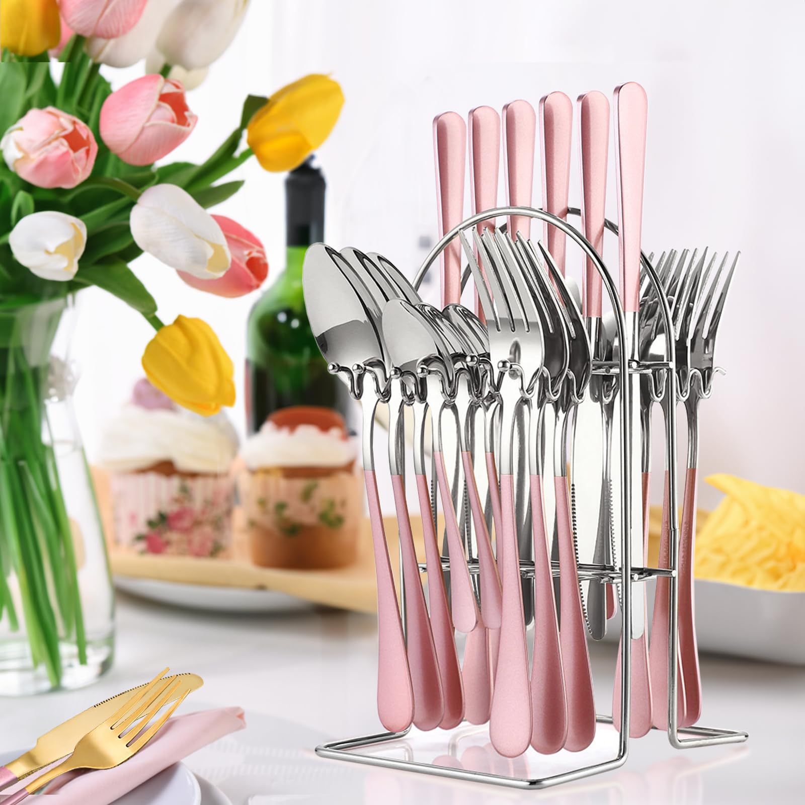 24 Pieces Flatware Set, Stainless Steel Cutlery Set with Silverware Holder, Spoons Forks Knives Set,Hanging Silverware Set Service for 6,Durable Stainless Steel Utensils Set (White)