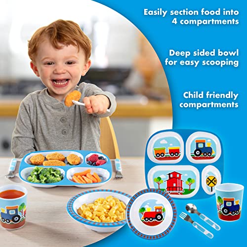 5 Pc Mealtime Set for Kids & Toddlers, Train Theme-Includes Divided Plate, Bowl, Fork & Spoon - Dishwasher Safe, Durable, BPA Free-Cute Compartment Dish to Put Food in 4 Sections for Easy Self-Feeding