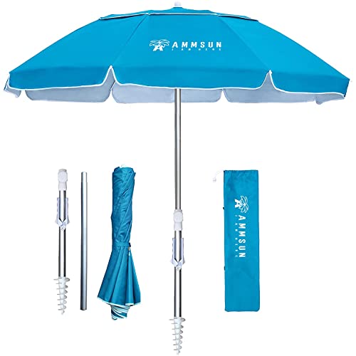 AMMSUN 6.5ft twice folded compact Portable beach umbrella with sand anchor windproof, Push Button Tilt Air vent UV 50+ Protection Fits in a large Suitcase for travel Patio Garden Pool Backyard Sky Blue