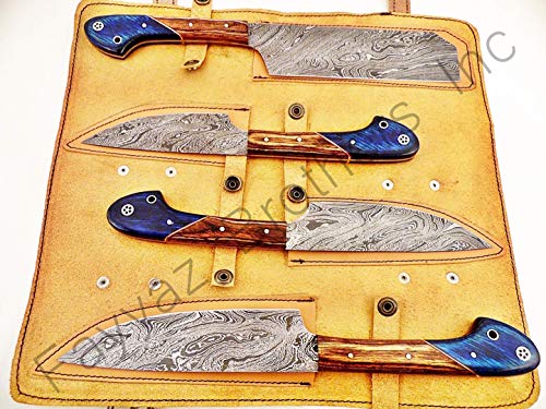 Custom Hand Made Damascus Steel Kitchen Knives Set/Chef Knives Set/BBQ Knife 4-Pieces Set FBK-01041, 01043, 01052, 01055, 01058, 01062 and 01063 (Cognac and Blue Colored Wood)