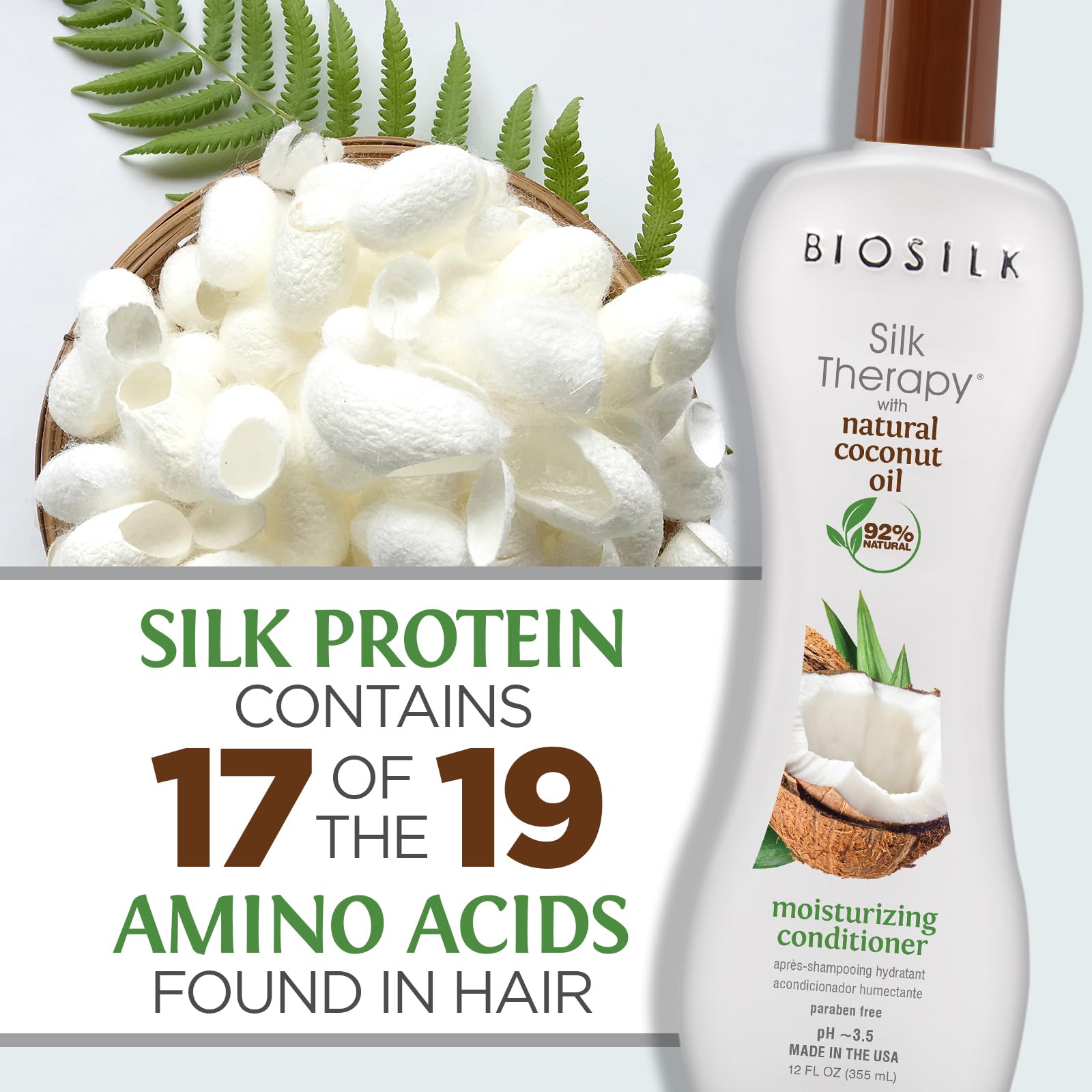 BioSilk Silk Therapy with Natural Coconut Oil Moisturizing Conditioner, Nourishing & Helps Eliminate Frizz, Sulfate, Paraben & Cruelty-Free, 12 Oz