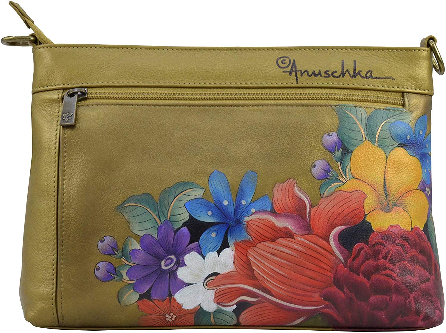 Anuschka Women’s Genuine Leather Shoulder Organiser - Hand Painted Exterior - Dreamy Floral