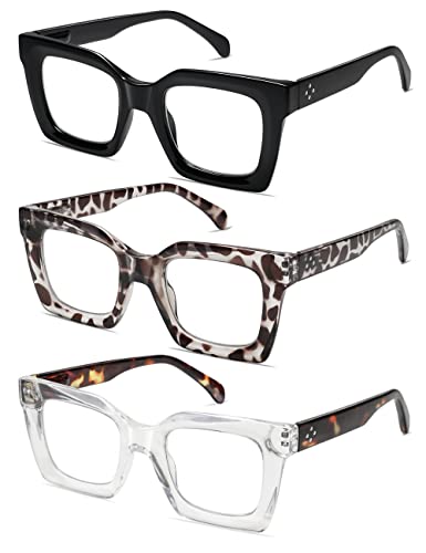 AMOMOMA 3PACK Retro Spring hinge Womens Readers,Blue Light Blocking Computer Thick Square Reading Glasses for Women Men AM6015 Black/Grey Tort/Crystal 1.50 x