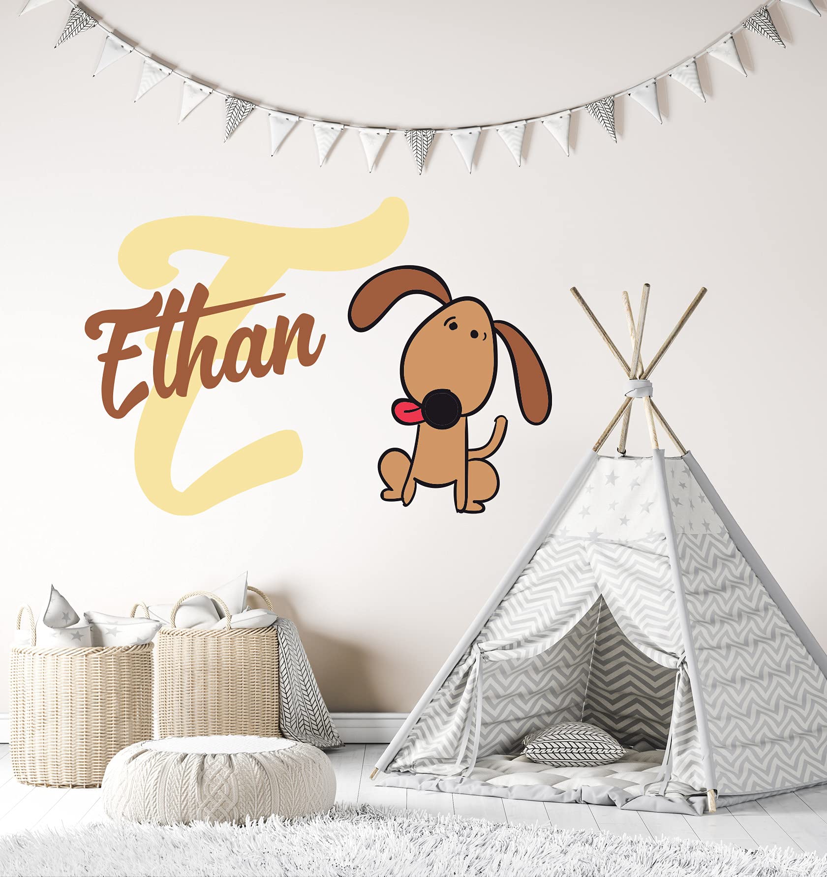 Custom Name and Initial Puppy Wall Decal - Dog Wall Art Decor for Nursery Bedroom playroom Decoration (Wide 40"x23" Height)