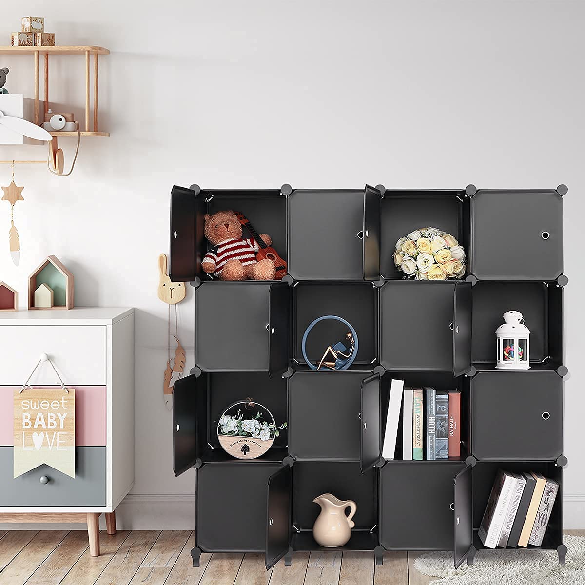 ANWBROAD Cube Storage Organizer, 16-Cube Modular DIY Book Shelf with Doors, Closet Clothes Organizer, Plastic Storage Cubbies Cabinet for Living Room Bedroom Office Black ULCS16BM