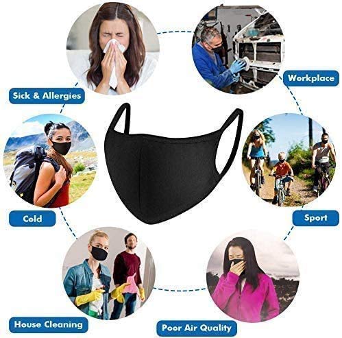 Forno 5 Pack Face Masks,Unisex Face Mask with Adjustable Nose Bridge,Black Dust Cotton, Washable Reusable Cloth for Adults【USA seller】