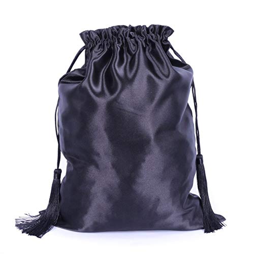 Silk Satin Wig Bags, Hair Storage Bags for Packaging Wigs, Bundles, Hair Extensions, Travel, Large Satin Bags with Drawstring Pouches Gift Bags with Tassel AliPearl Hair Bags (3 Black Bags)