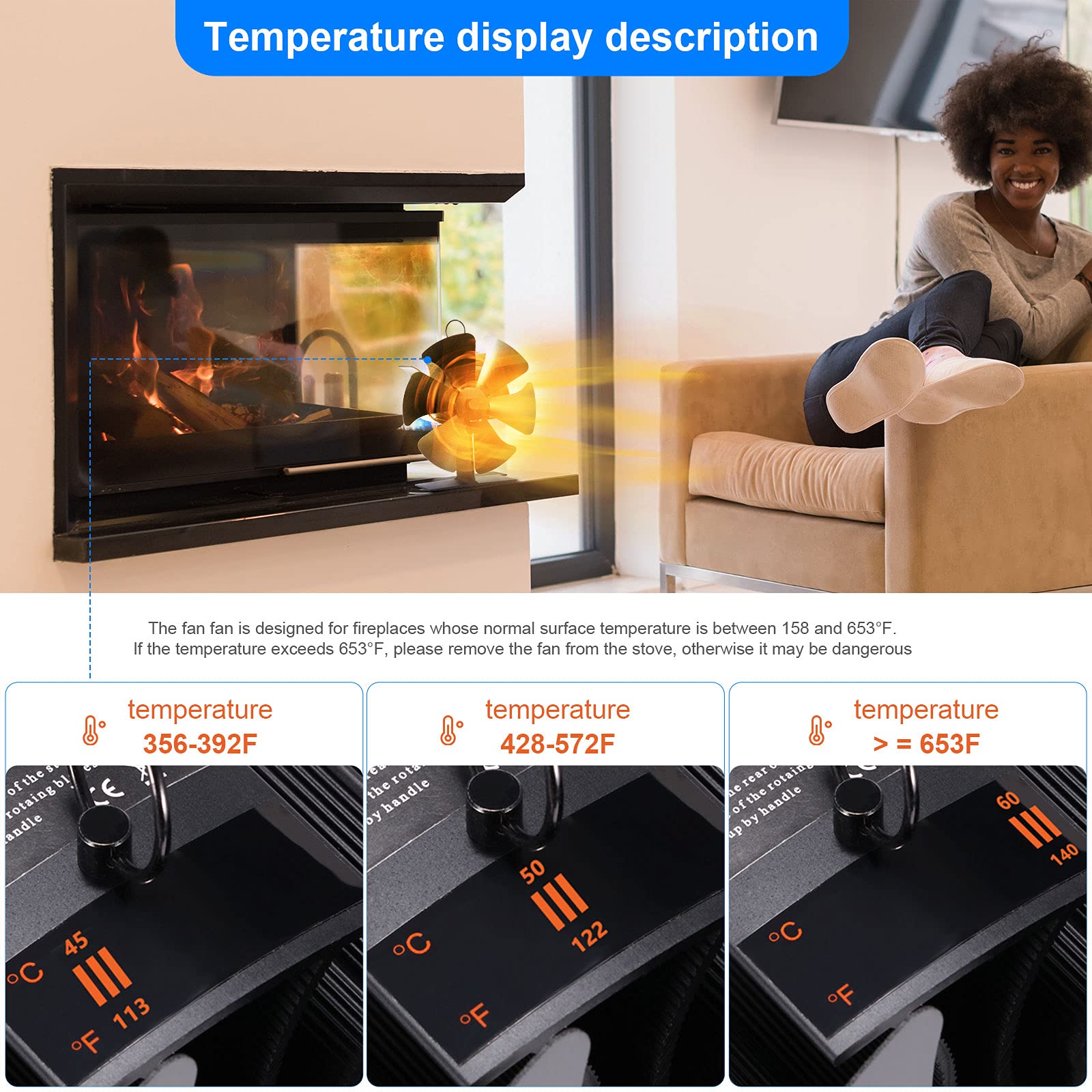 Ahageek Fire Fans for Stove, 6-Blades Stove Fan Silent Operation with Stove Thermometer for Wood/Log Burners/Fireplace Fan/Eco Friendly & Increased Efficient for Large Room