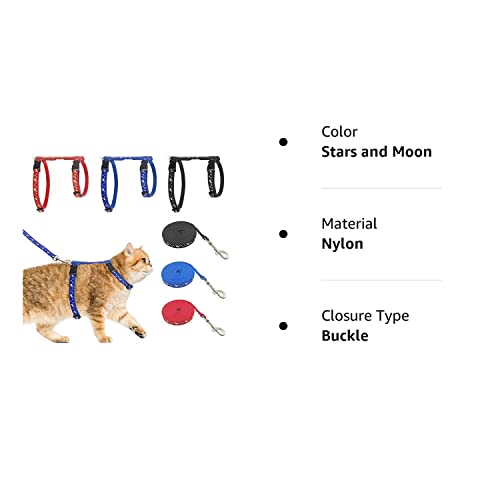 Cat Harness with Leash, 3-Pack, Unique Stars Moon and Paw Heart Design, Escape Proof, Walking, Small Medium Large, Black, Red, Blue, Adjustable, Safe, Set of 3