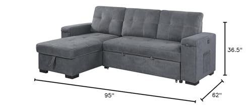 Lilola Home Toby Gray Woven Fabric Reversible Sleeper Sectional Sofa with Storage Chaise Cup Holder USB/USB-C Ports and Pockets