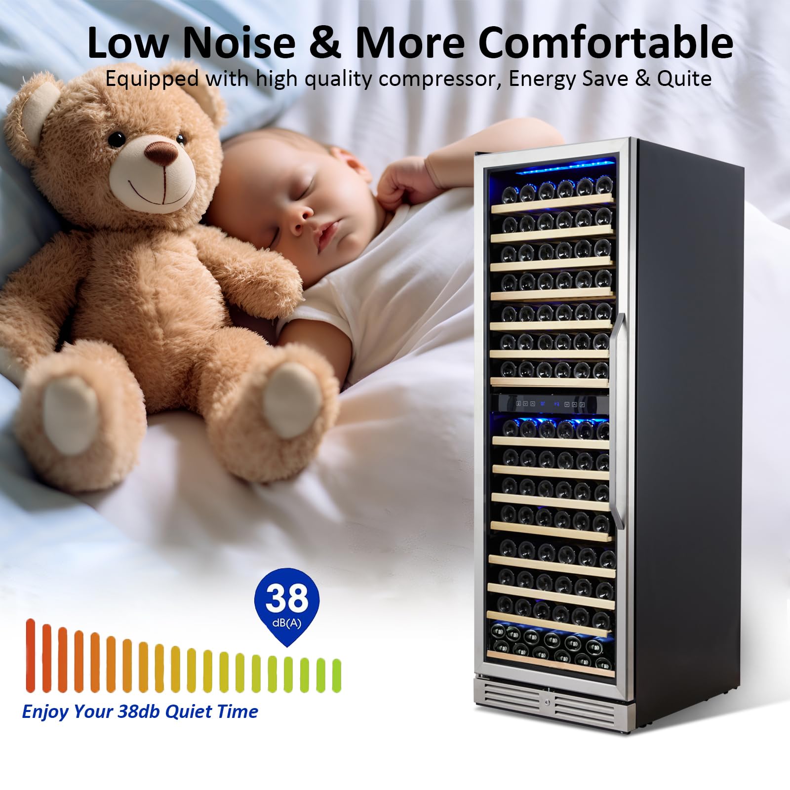 24 Inch Wine Fridge Dual Zone 160 Bottle, Tall Wine Cooler Refrigerator Built-in or Freestanding with Temperature Control System, Professional Compressor, Low Noise and Intelligent Temperature Memory