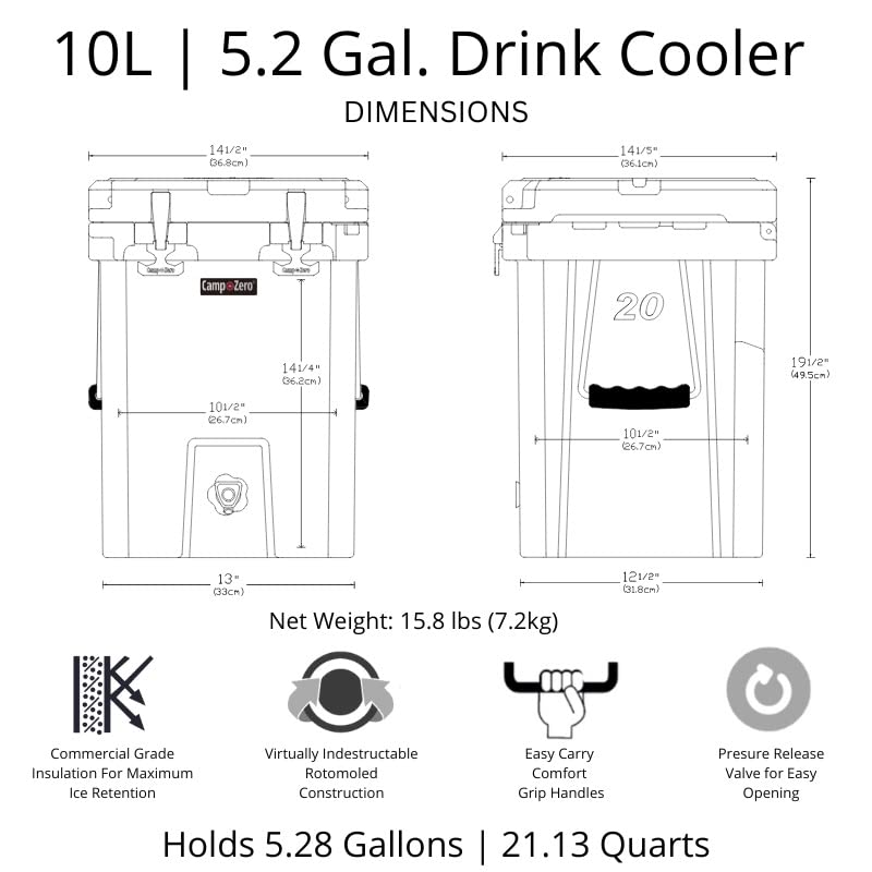 CAMP-ZERO 20L | Drink Cooler/Ice Chest with 2 Molded-in Cup Holders & Comfort Grip Rope Handles | Thick Walled, Freezer Grade Cooler w/Secure Locking System & Tie Down Channels (Burnt Orange)