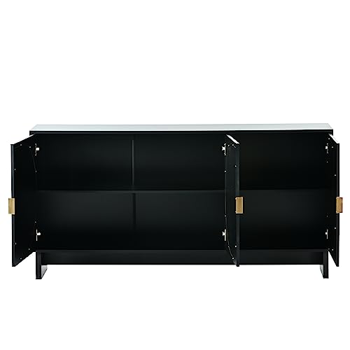 Accent Storage Cabinet with Rattan Door Freestanding Storage Sideboard with Adjustable Shelves Mid Century Modern Entryway Cabinet for Living Room, Hallway, Dining Room (Black)