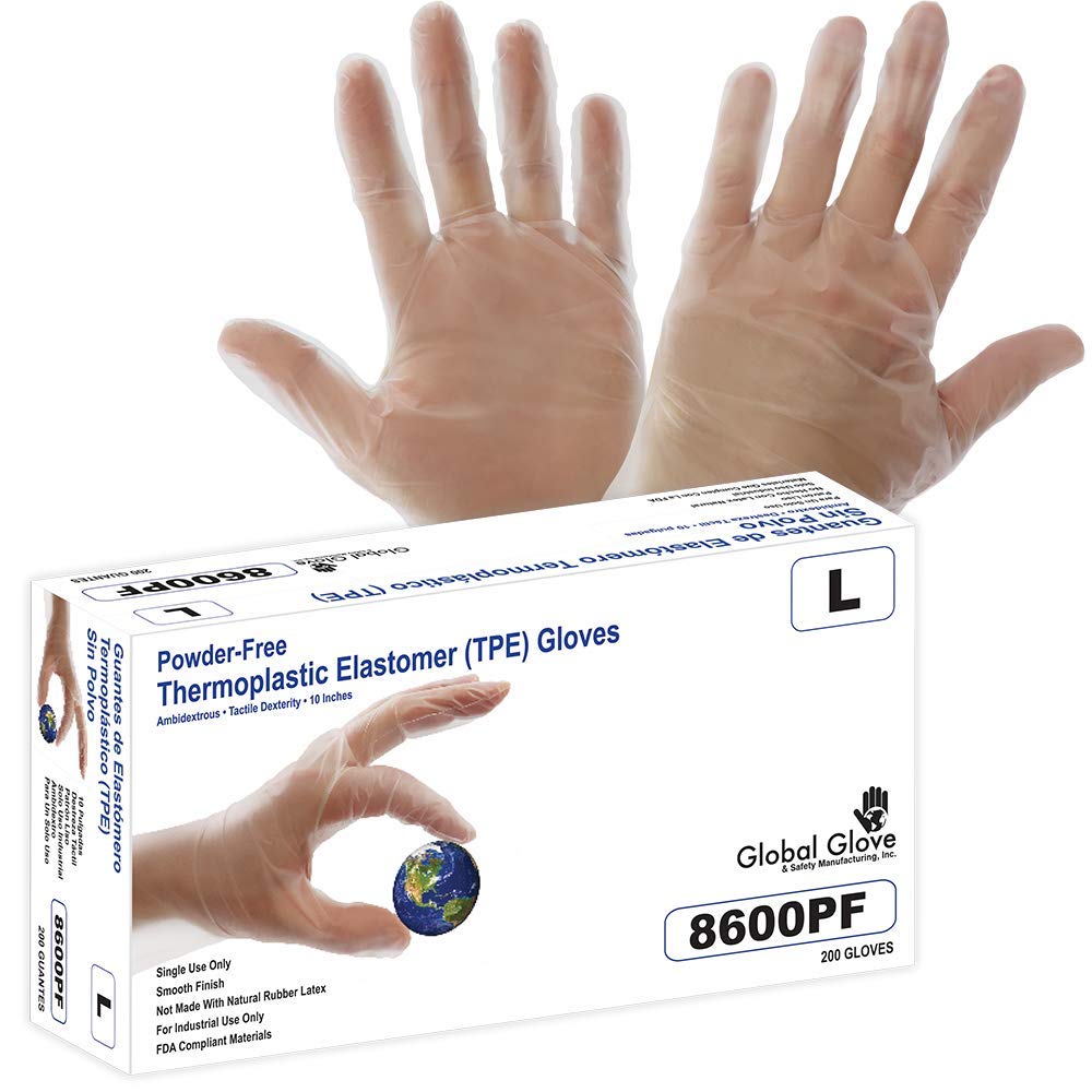 Global Glove 8600PF Thermoplastic Elastomer (TPE) Powder-Free, Clear, 2 Mil, Smooth Finish, 10-Inch Disposable Gloves (Large) - Box of 200