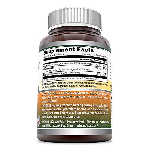 Amazing Nutrition Calcium Magnesium Zinc Dietary Supplement * 300 Tablets Per Bottle * (Calcium- 1000 mg, Magnesium 400mg - Zinc 25mg Per Serving of 3 Tablets)