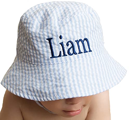 Melondipity Customized Baby Bucket Sun Hat with Chin Strap – Personalized Sun Protection Cotton Beach Sunhat for Baby Boys – Wide Brim & Adjustable Summer Cap for Children, Kids(3-12 Months)