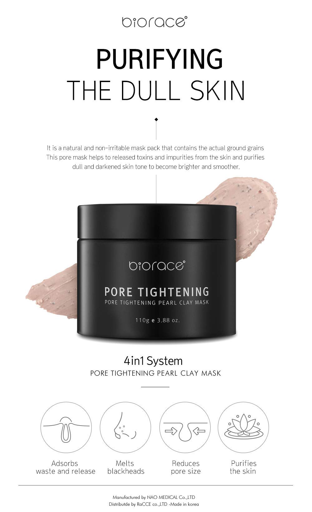 Biorace] Pore Tightening Pearl Clay Mask 110 g / 3.8 oz Tightens Pores + Sebum Control + Deep Cleanse [Made in KOREA]