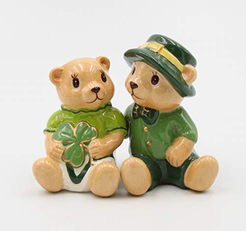 Fine Ceramic Irish St. Patrick Teddy Bear with Shamrock Prints Design Salt & Pepper Shakers Set, 3-1/2"