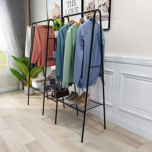 Albearing Metal Garment Rack Clothes Rack with Top Rod and Lower Storage Shelf Clothes Rack (Black)