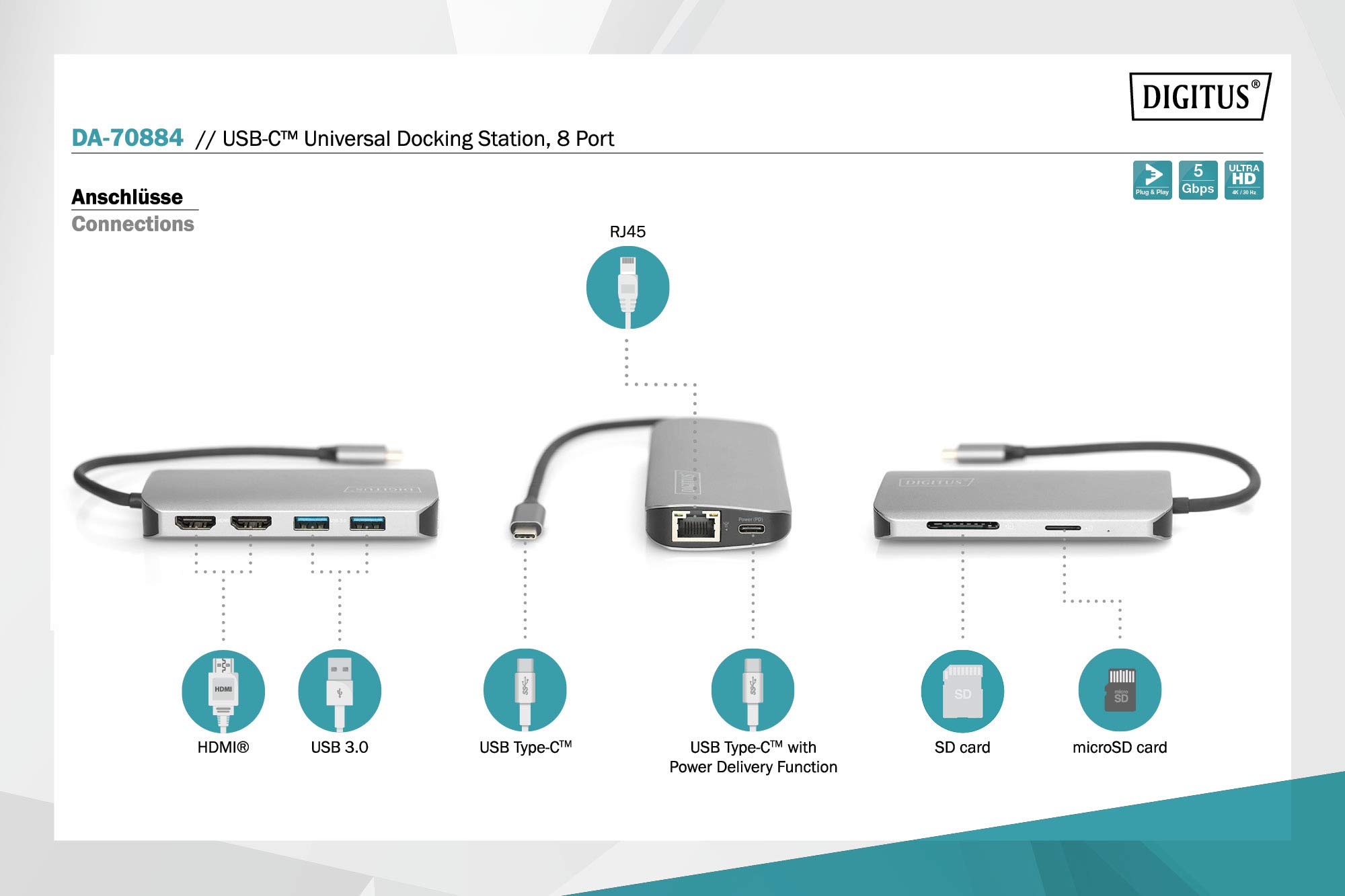 Digitus 8-Port USB-C Dock, 2xUSB3.0, 1xRJ45, 2xHDMI, 1xPD, 1xMicro SD, 1xSD, Grey