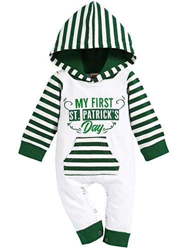 WALSONER My First St Patrick's Outfit Baby Boy Stripe Hooded Romper Bodysuit St.Patrick's Day Clothes 6-9 Months