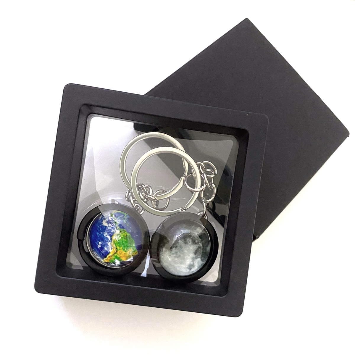 2 Pcs Glow In The Dark Keychain - Earth and Moon Keychains With Gift Box Luminous Accessories Pendant Cute Small Globe Space Galaxy Fun Unique Llaveros Key chain for Men & Women Gift For Loved Once