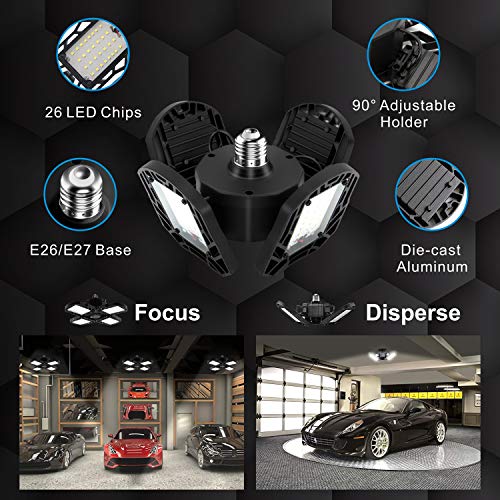 LED Garage Lights, 100W Deformable Four-Leaf Light Metal Garage Ceiling Light Fixtures, 10000LM E26 Led Shop Lights Bay Light with 6000K Bright Adjustable Lighting Panels for Basement, Workshop, Barn