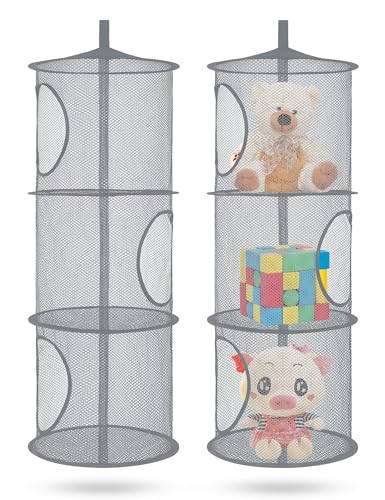 Libeder Mesh Hanging Storage Space Saver Bags Organizer,Foldable Storage Organizer 3/4/5 Compartments Toy Storage Basket for Kids Room Bathroom 2 Sets Grey