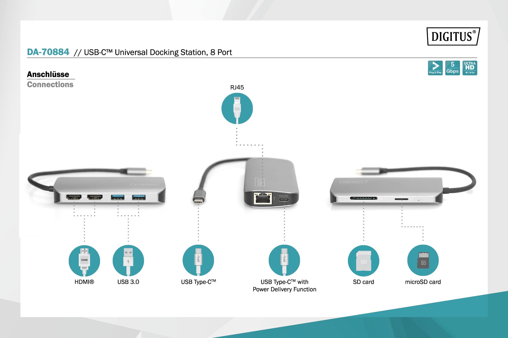 Digitus 8-Port USB-C Dock, 2xUSB3.0, 1xRJ45, 2xHDMI, 1xPD, 1xMicro SD, 1xSD, Grey