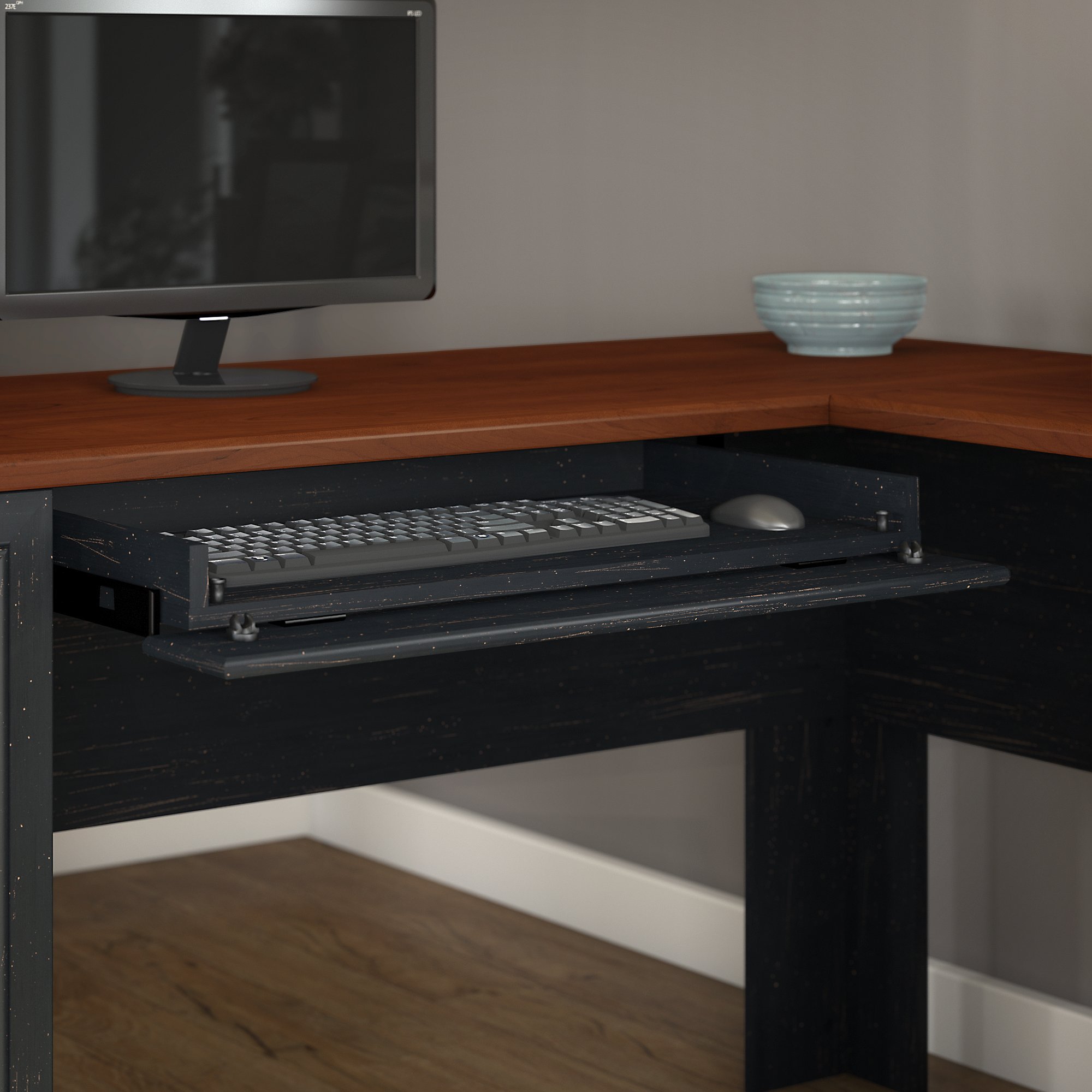 Bush Furniture Fairview L Shaped Desk and 5 Shelf Bookcase in Antique Black