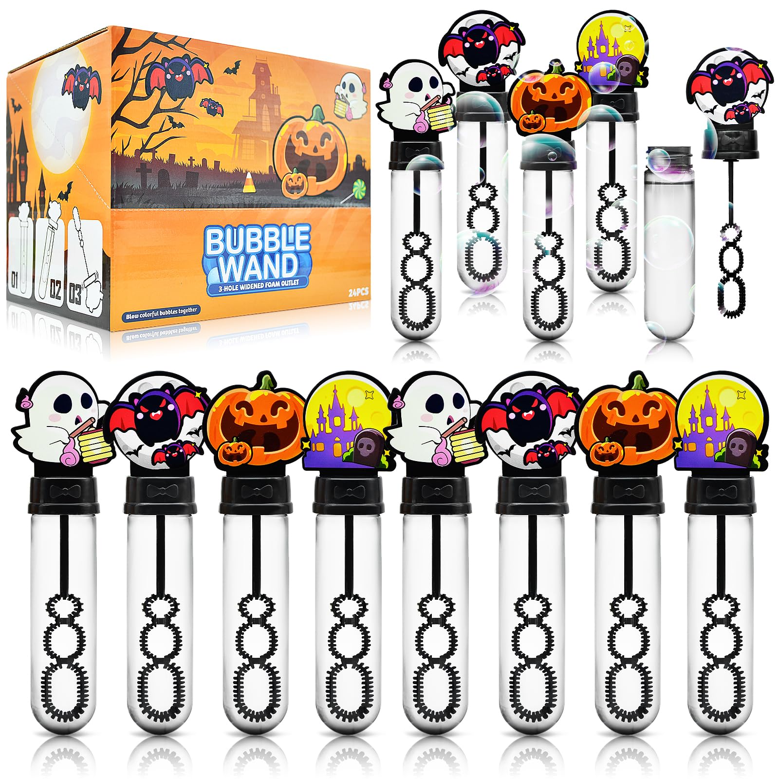 24 Pack Halloween Bubble Wands for Kids - Spooky Ghost, Bat, and Pumpkin Designs, Party Favors Bulk with Colorful Bubbles for Trick or Treat, Goodie Bag Stuffers, Birthday Gifts, Carnival Prizes