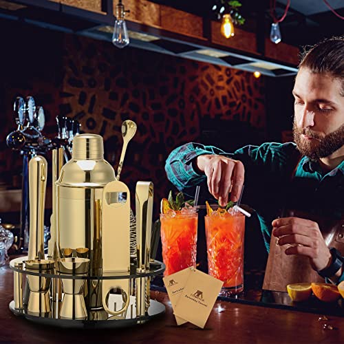 X-cosrack 19-Piece Bar Set,Gold Cocktail Shaker Set for Drink Mixing:Stainless Steel Bar Tools with Rotating Stand,Professional Bartender Kit for Home Bars, Parties