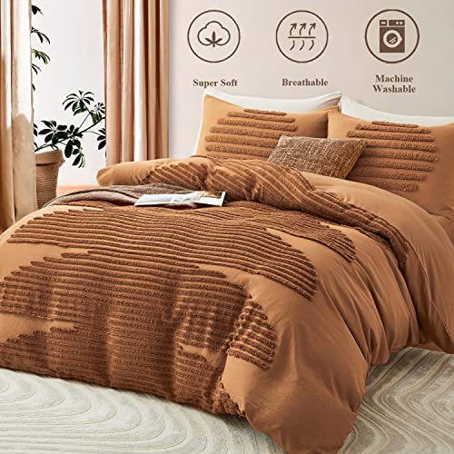BEDAZZLED Duvet Cover Queen(90''נ90'')Size, 3 Pieces Boho Bedding Sets for Shabby Chic Home, Tufted and Soft Comforter Cover Set, Pumpkin