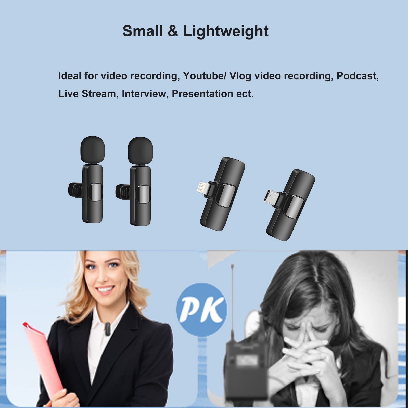 2 Pack Wireless Lavalier Microphone for Phone, Lapel Mics Plug-Play 2.4G Ultra-Low Delay Built-in Noise Reduction Chip 8H Working Time for Video Recording Interview Podcast Vlog YouTube TikTok