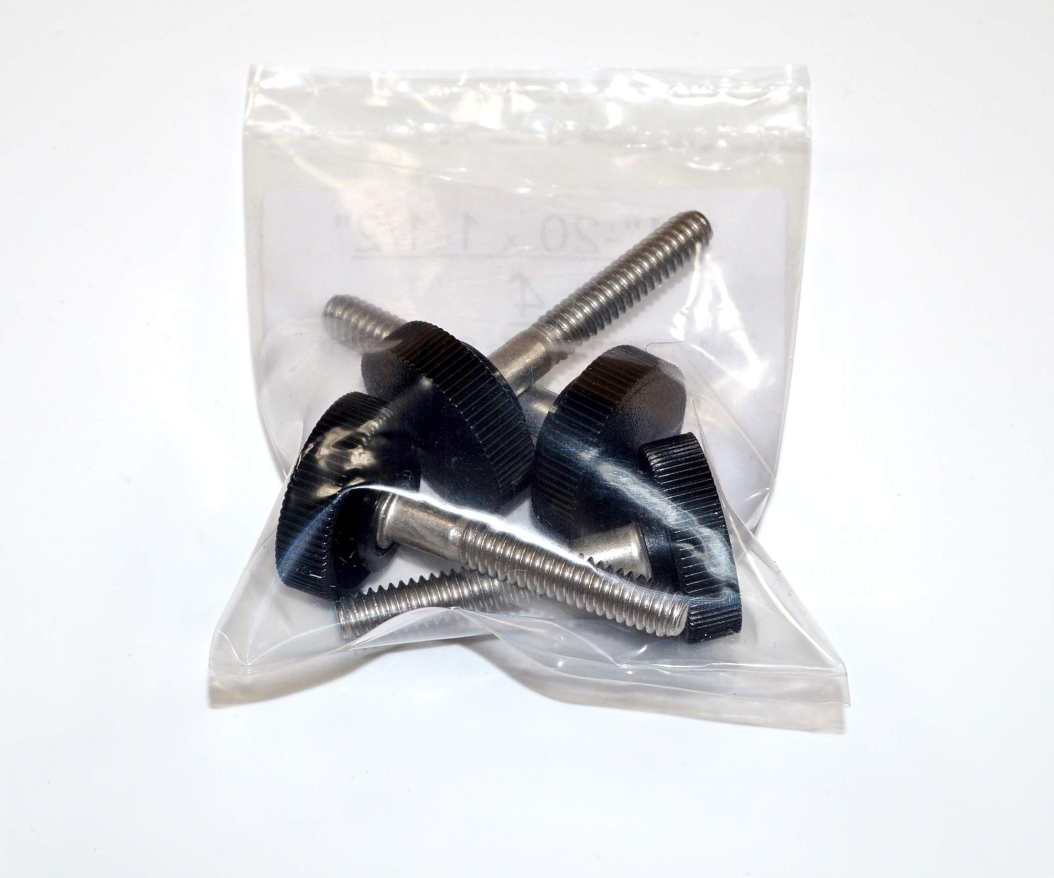 Four (4) Thumb Screws 1/4-20 x 1-1/2" Long Stainless Steel 1" Round Knurled Black Plastic Knob