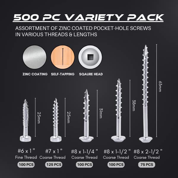 Massca Wood Screws Assortment Kit - Pocket Hole Screws with Plastic Storage Box, 500 Set Screw Assortment Kit Heavy Duty, Fine Thread, Zinc Plated Set Screws for Woodworking, Varying Lengths