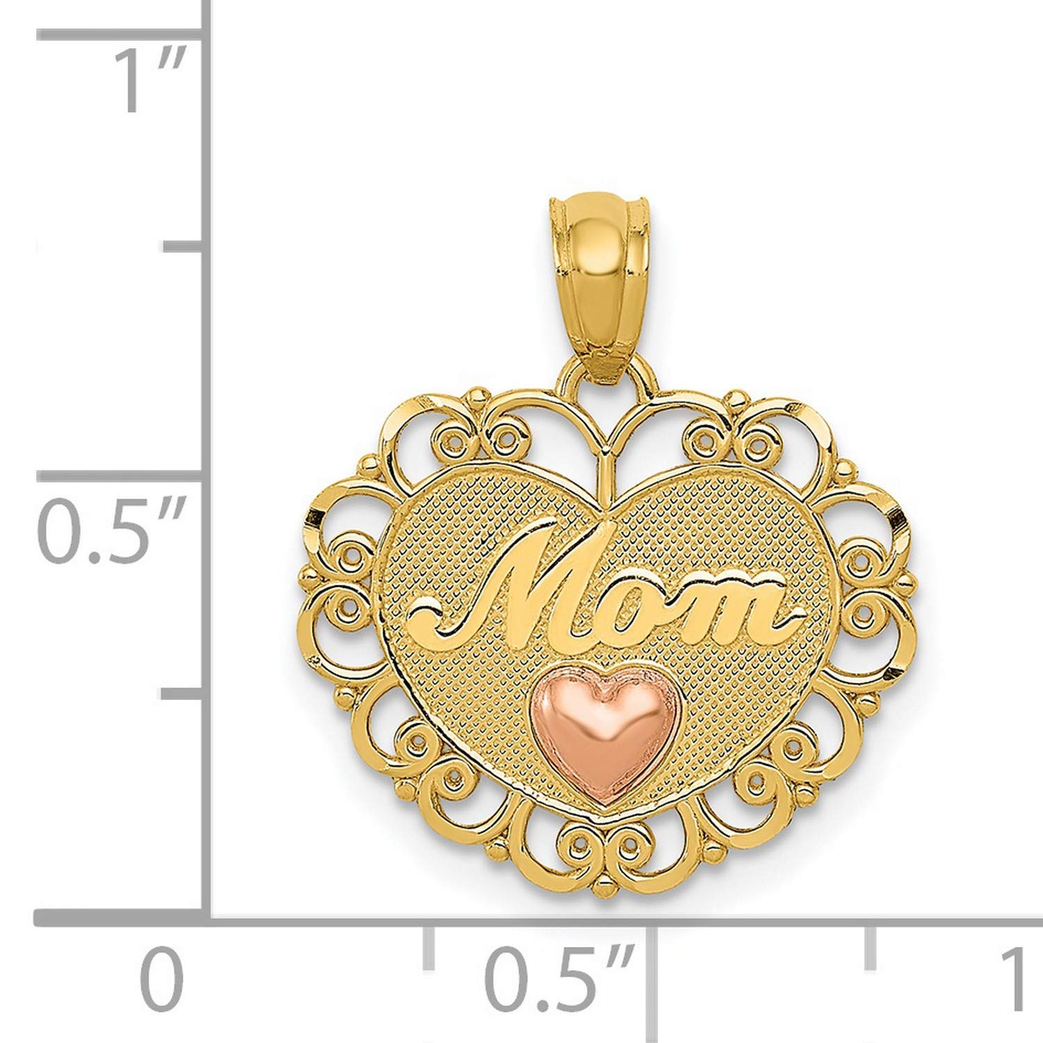 14k Two-Tone Mom Word Small Rose Gold Heart On Large Yellow Gold Filigree Border Heart Pendant 20 mm x 17 mm