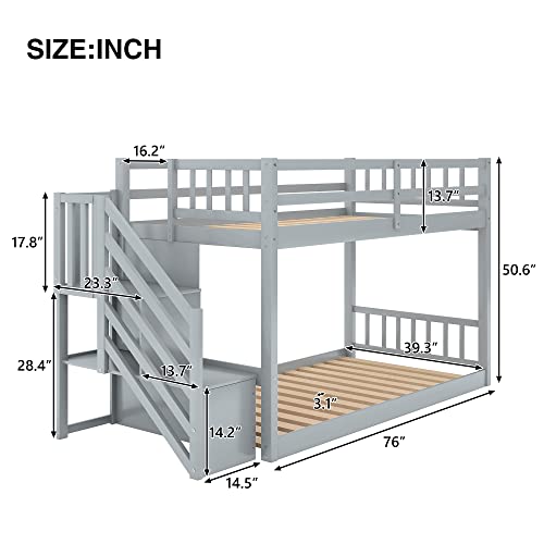 P PURLOVE Twin Over Twin Junior's Low Bunk Bed with Storage Stairs,Wood Floor Bunk Bed with Storage for Kids Teens,Floor Twin Size Bunk Bed with Slat, No Box Spring Need