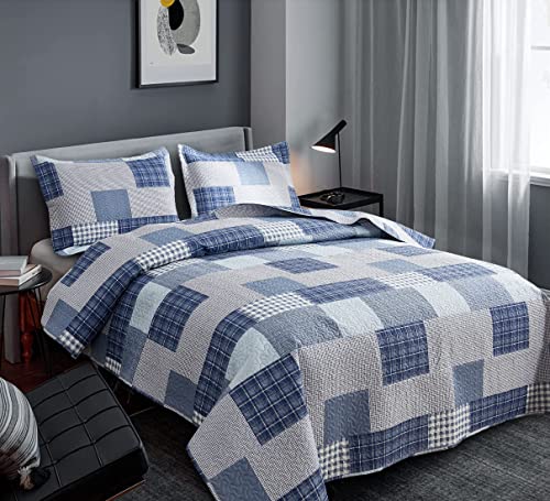 Bedspread Set Queen/Full Size Plaid Quilt Bedding Queen Grey Blue Patchwork Modern Lightweight Quilt Bedspread Home Reversible Coverlet-Soft Polyester 3 Piece Quilt Set Collection