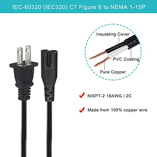 2FT Replacement 2 Prong AC Power Cable - 18 AWG 2 Slot Non-Polarization Figure 8 Power Cord Compatible with Xbox Series X/S, Xbox One S/ X PS4 PS3 PS2 Slim Game Console, for Sony Playstation /PSP/PSV