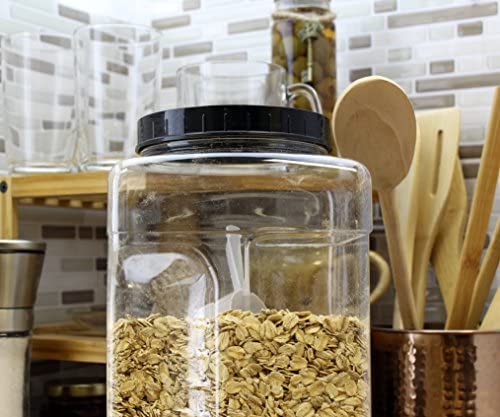Cornucopia Square Gallon Size Clear Plastic Canisters (2-Pack); 4-Quart Jar Grip Containers w/ Plastic Scoops; BPA-Free
