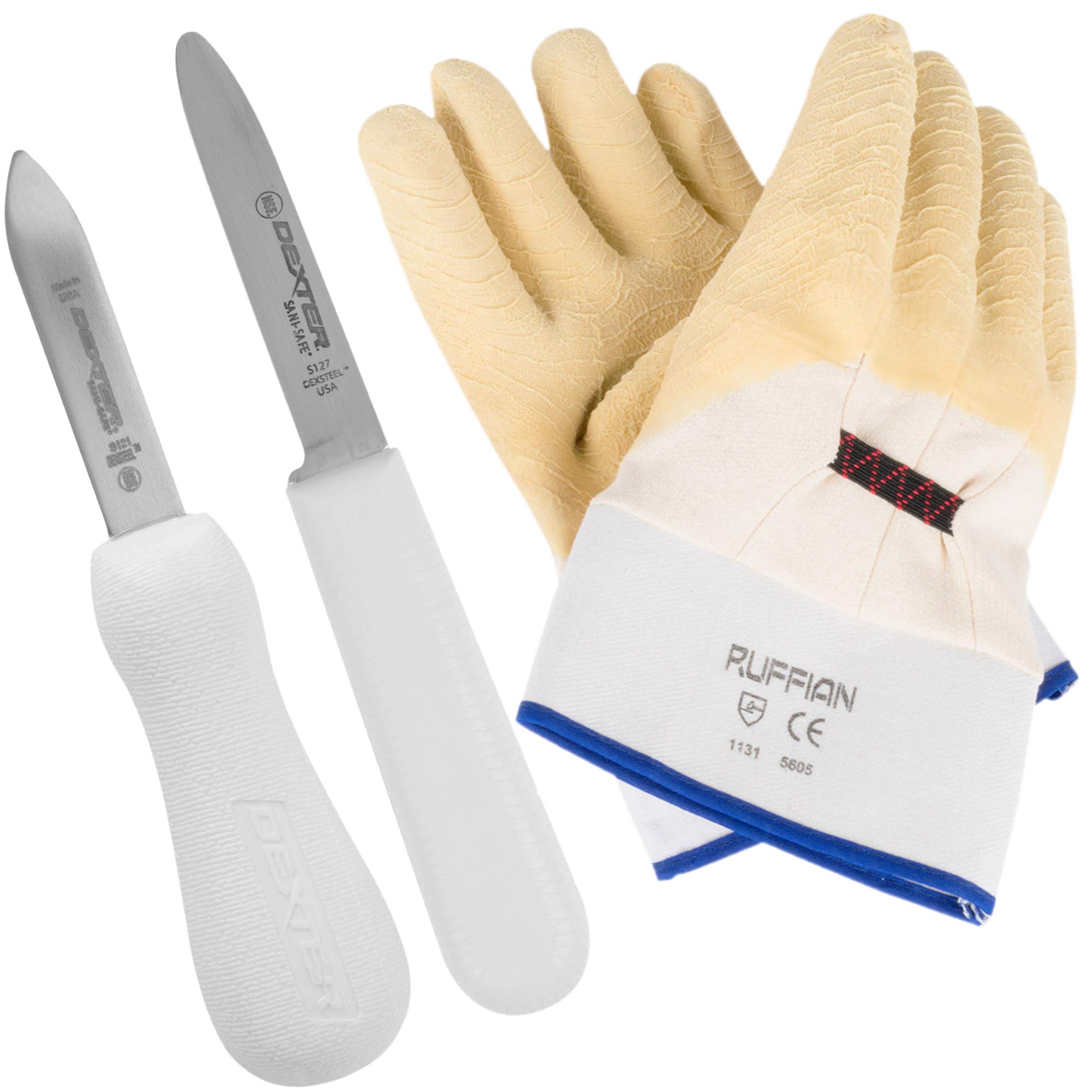 Dexter Russell Oyster Knife (S121PCP) - 2.75" and Dexter Russell Clam Knife (S127PCP) - 3" Sani-Safe Series w/ Oyster Shucking Gloves, 2 Paper Coasters, Ebook Bundle