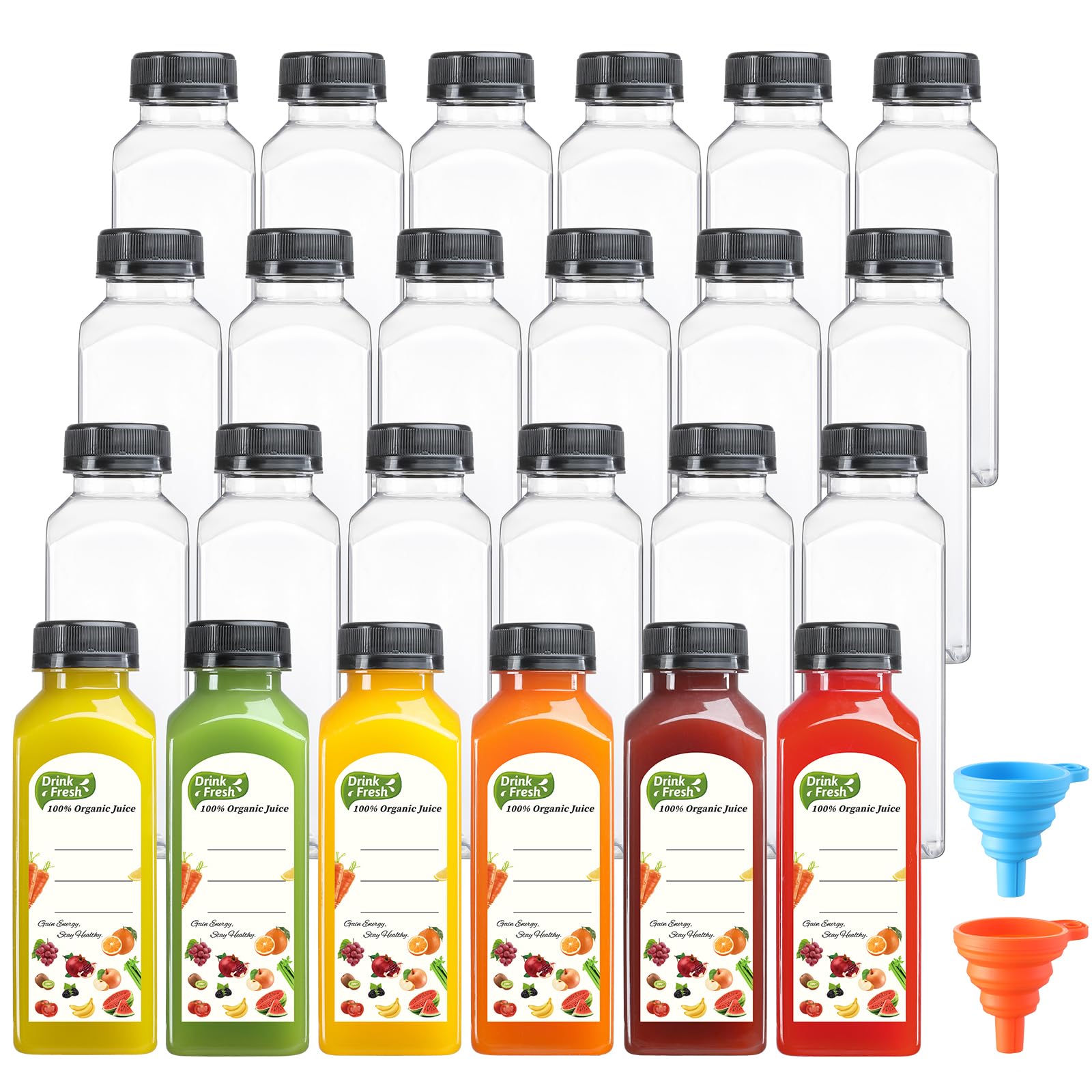 24 PACK, 12 OZ Reusable Plastic Juice Bottles with Caps, Plus 24 Labels & 2 Silicone Funnels - Clear Juicing Bottles for Juice, Smoothies, Ginger, Tea, Coffee - Food Grade & Leakproof Travel Bottles