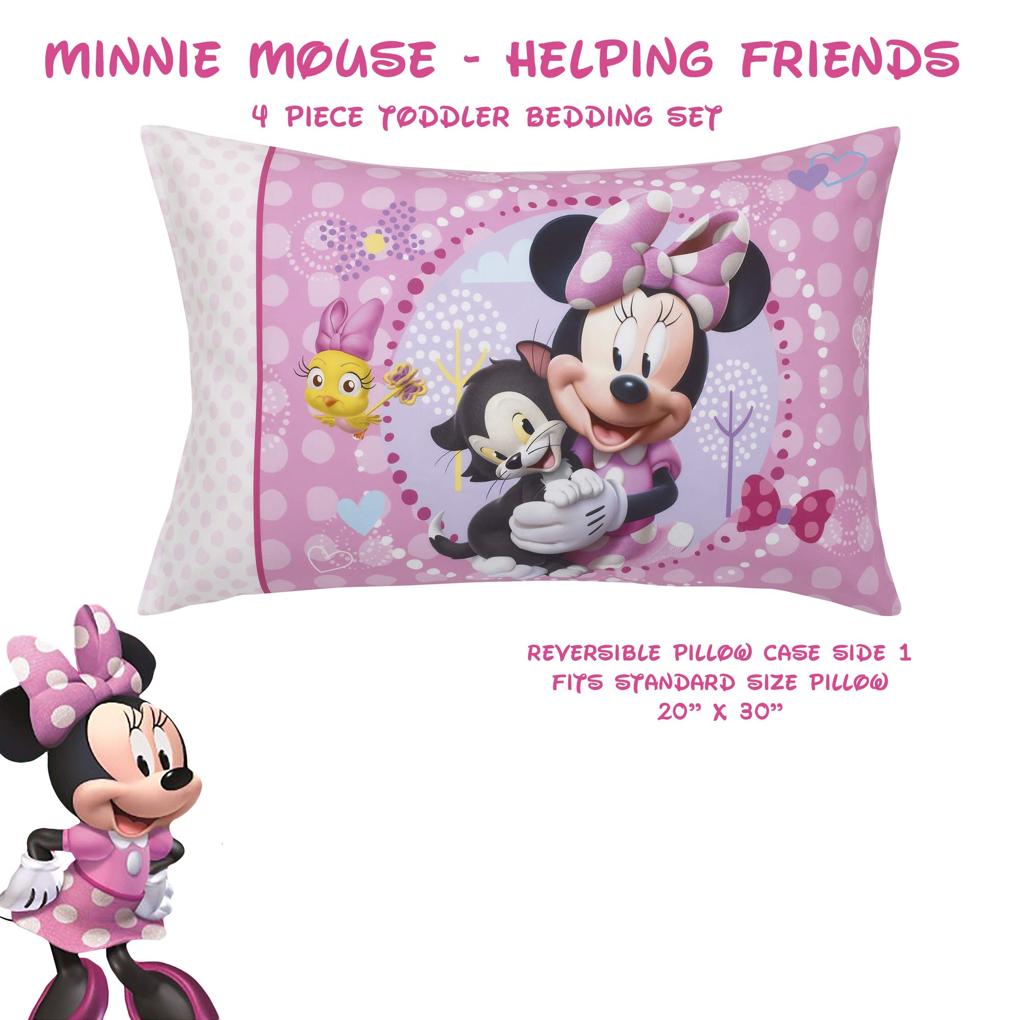 Disney Minnie Mouse Helping Friends 4 Piece Toddler Bedding set - Fitted Sheet, Pillow Case, Top Sheet, and Comforter Quilt - Pink