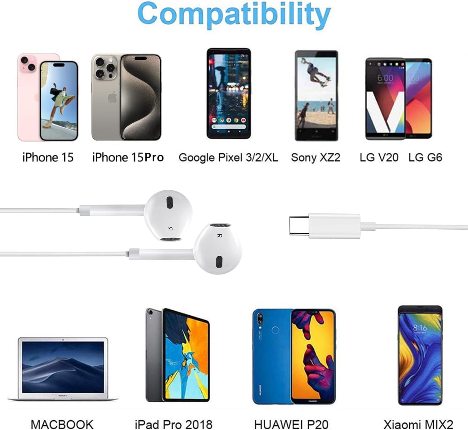 2 Pack-Type C Earbuds Wired Earphones with Microphone,USB C Headphones Earbuds&Remote Control Noise Cancelling in-Ear Headset Compatible with iPhone 15 Pro/iPad Pro,Pixel 7,Galaxy S23/Ultra Note 20